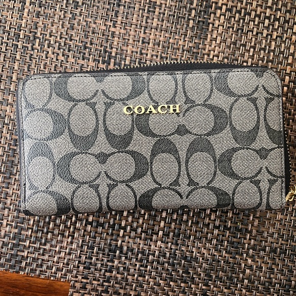 Coach | Bags | Coach Signature Black And Gray Zip Wallet | Poshmark